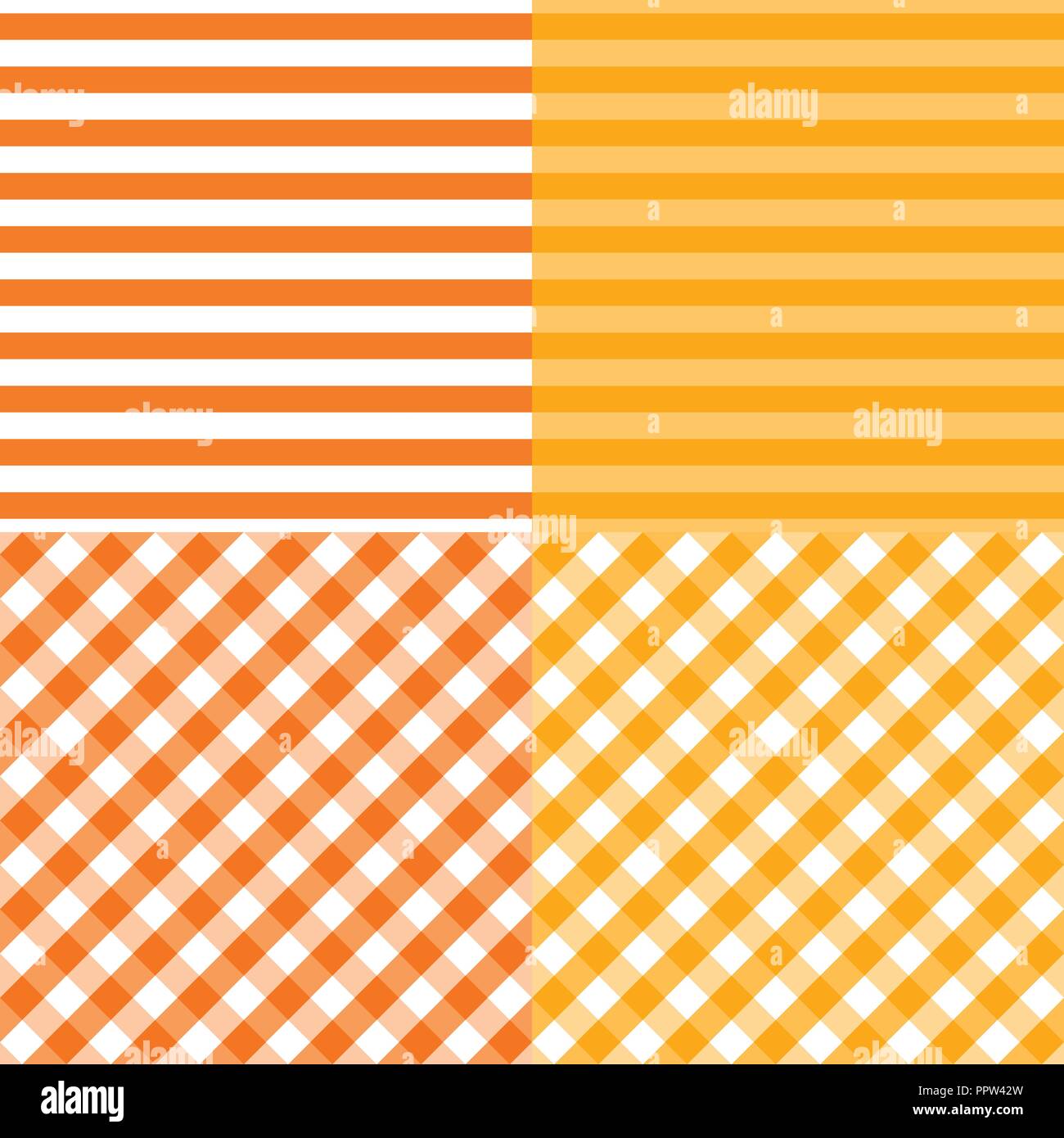Set of striped and diagonal grid cells seamless patterns. Orange with yellow colors. Vector ...