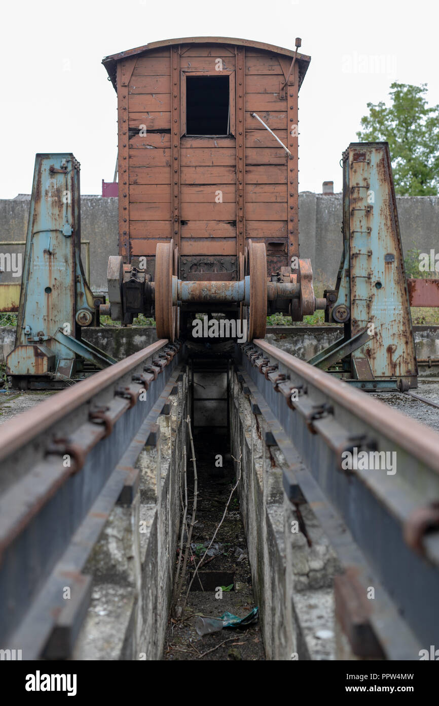 Old workshop of wagons and narrow-gauge railway locomotives. Place of ...