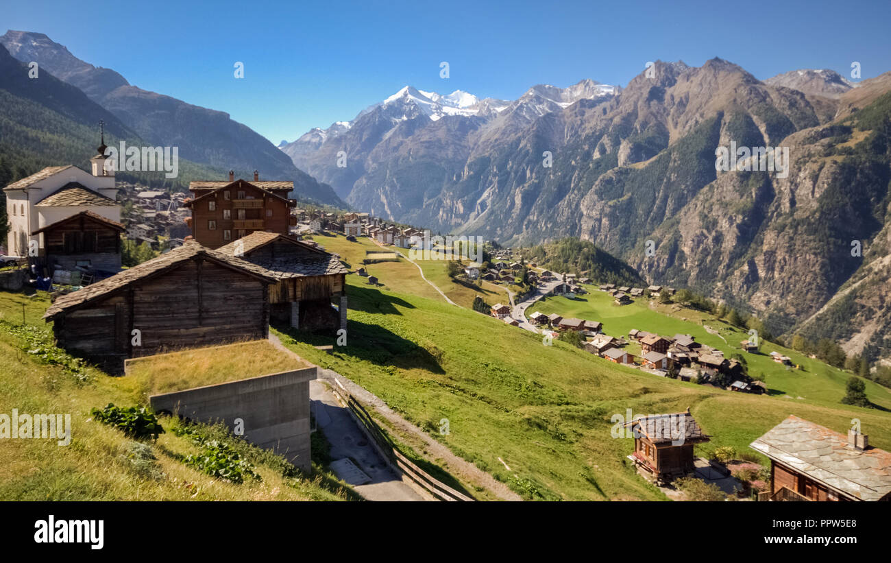 View of the village of Grachen (Valais, Switzerland) on a sunny and ...