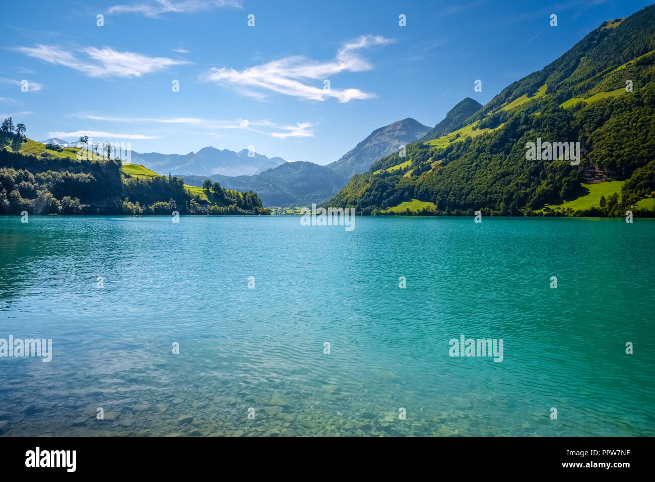 View over the Lake Lungern (Switzerland) on a September day. Lake ...
