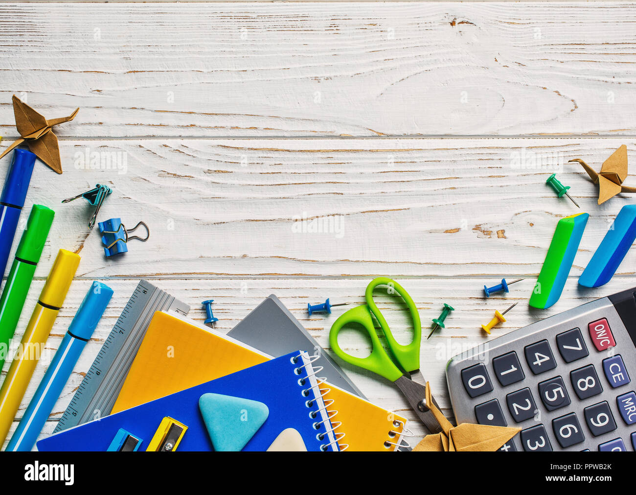 Back to school. Bright stationery on a white background. Education ...