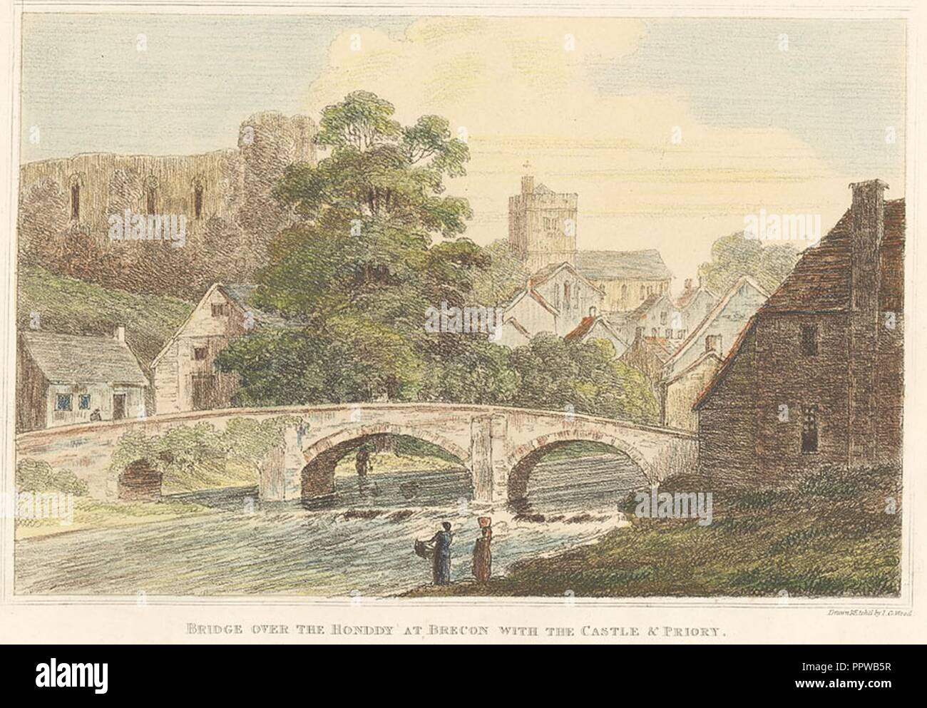 Bridge over the Honddy at Brecon with the Castle & Priory Stock Photo ...