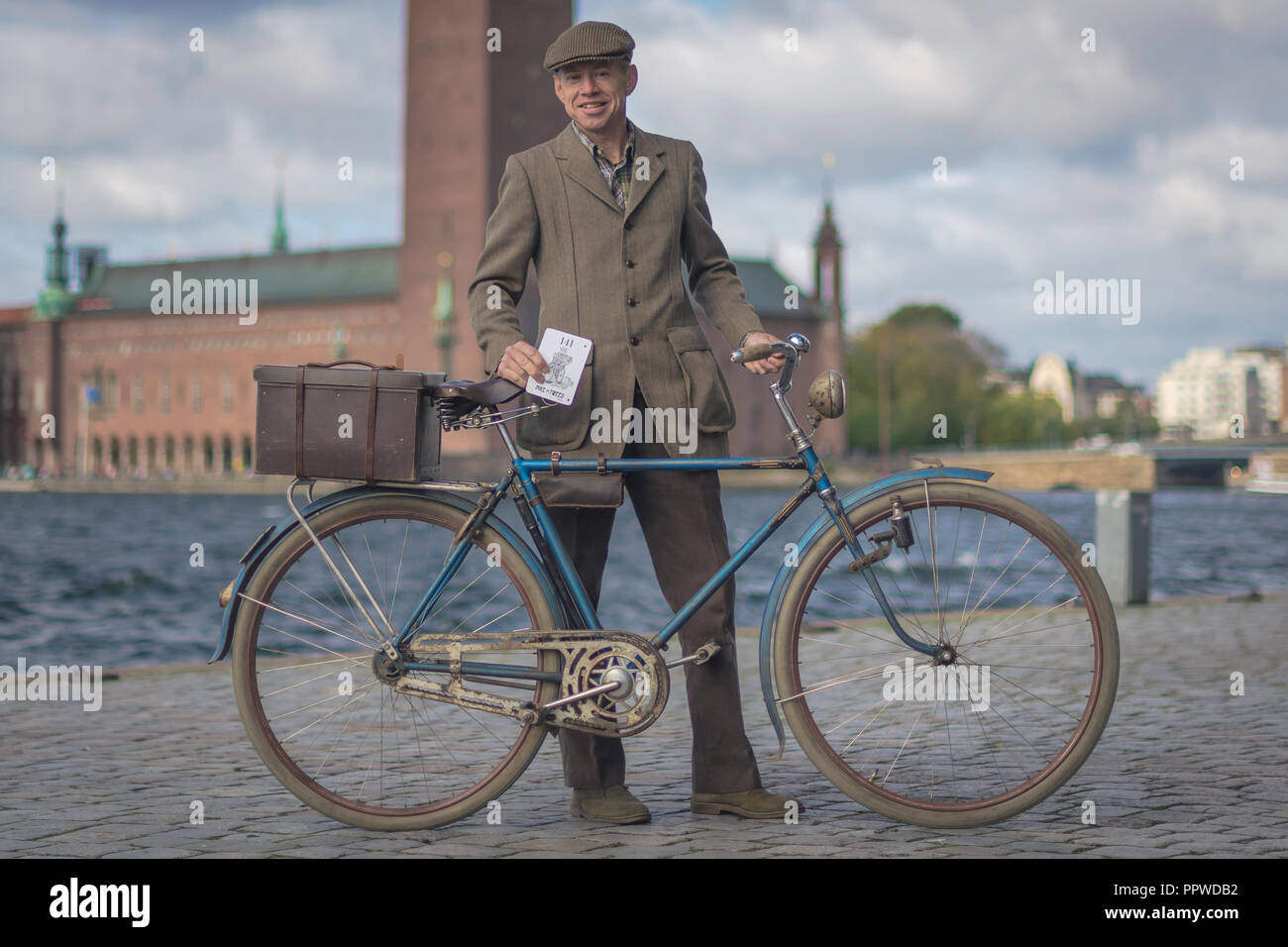 STOCKHOLM, SWEDEN, SEPT 22, 2018: Bike in tweed bicycle tour with ...