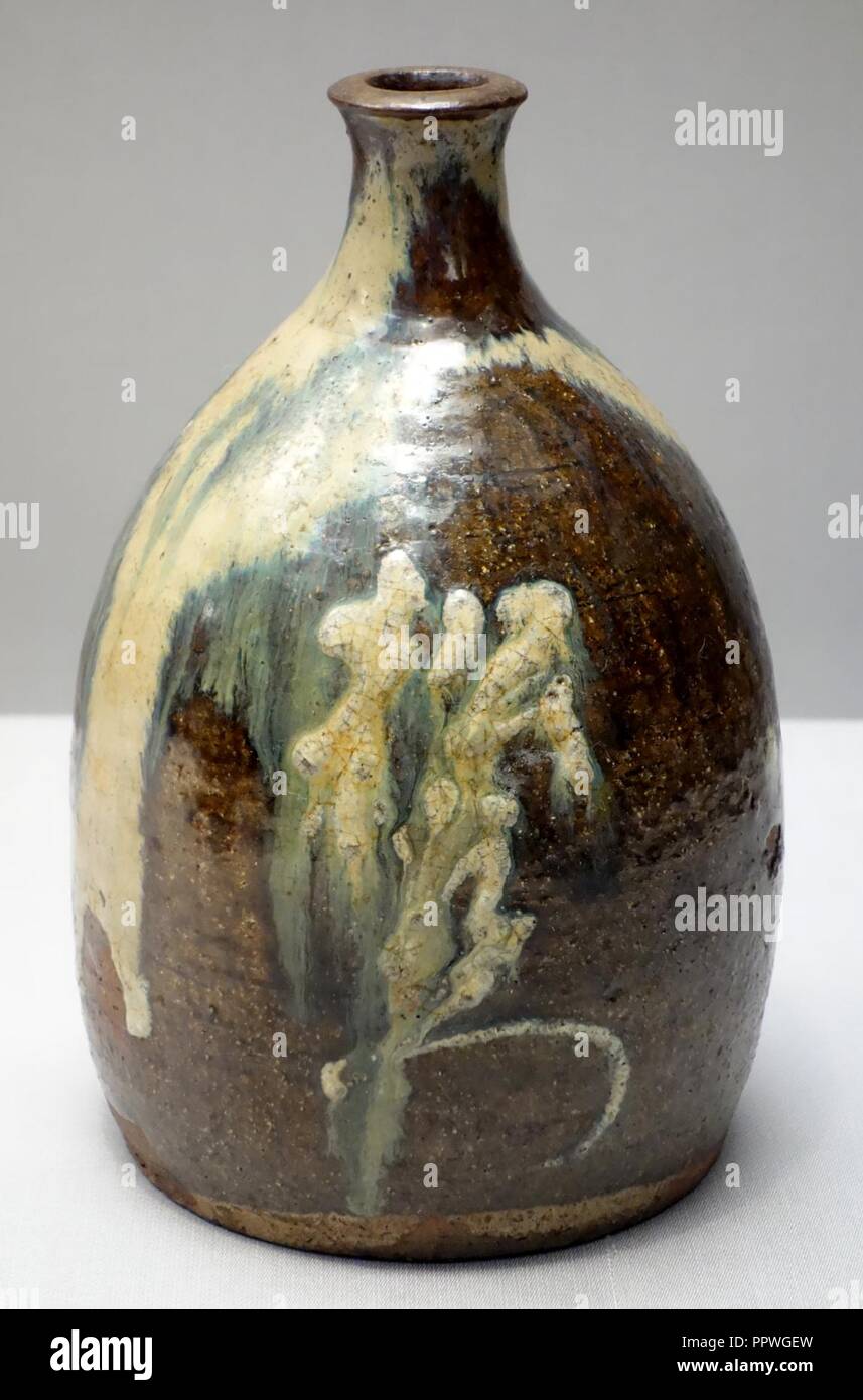 Bottle 2, Shodai ware, Edo period, 18th century, poured white glaze on ...