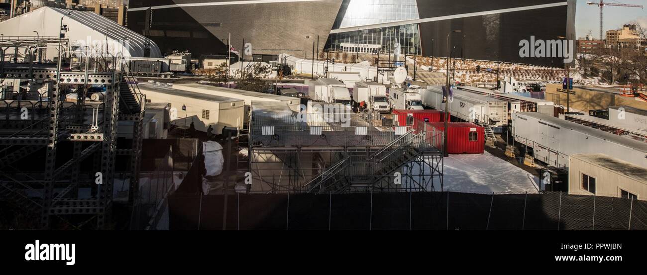 Broadcasting trailers and vans outside US Bank Stadium Stock Photo - Alamy