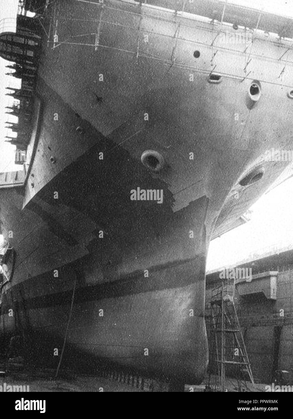 Bow view of USS Yorktown (CVS-10) in dry dock at Long Beach Navy Yard ...