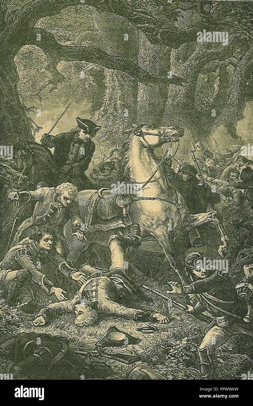 Braddock's death at the Battle of Monongahela 9-July-1755 Stock Photo ...