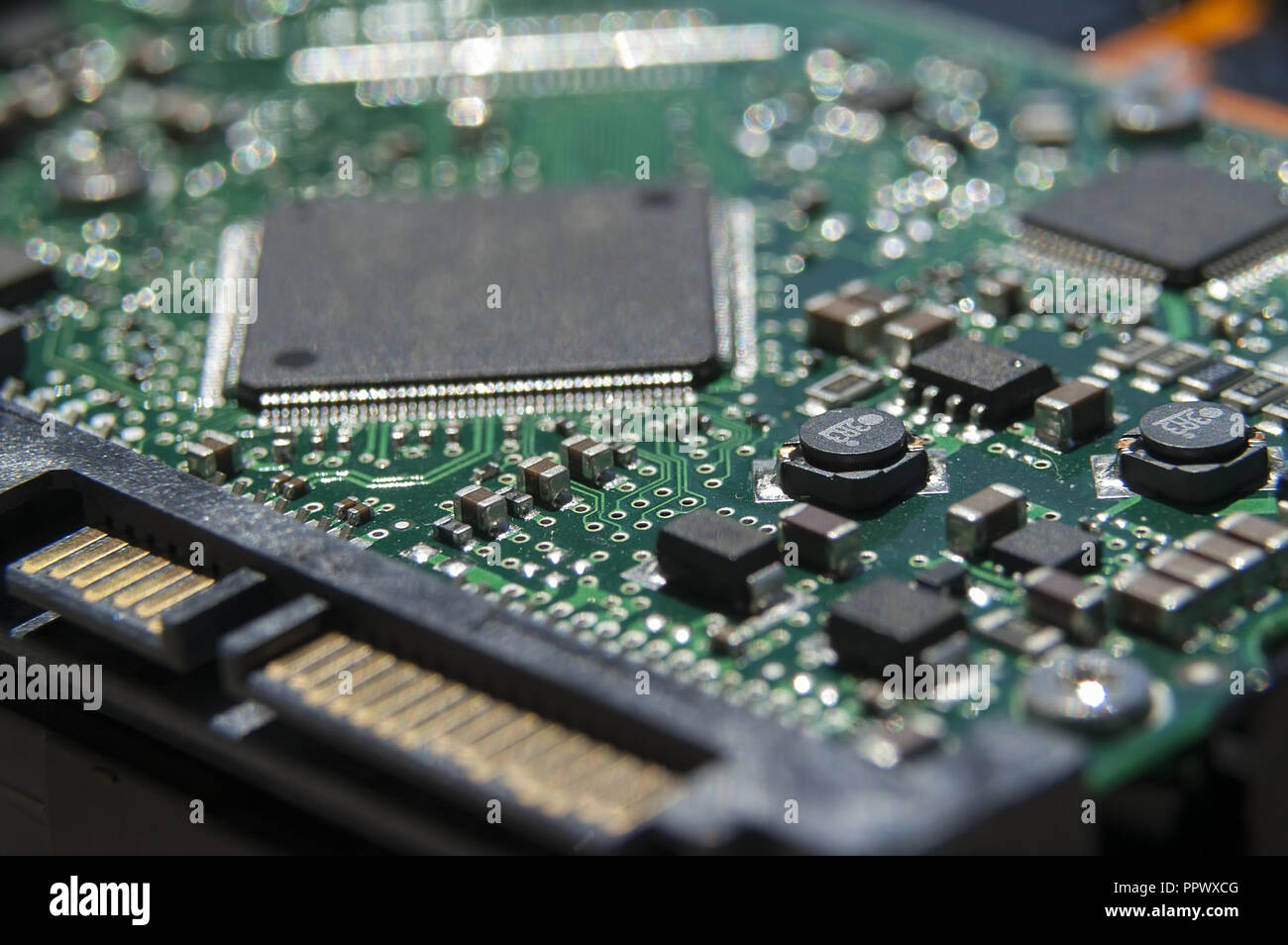 The interior of the hard disk. Electronic system. Printed circuit board ...