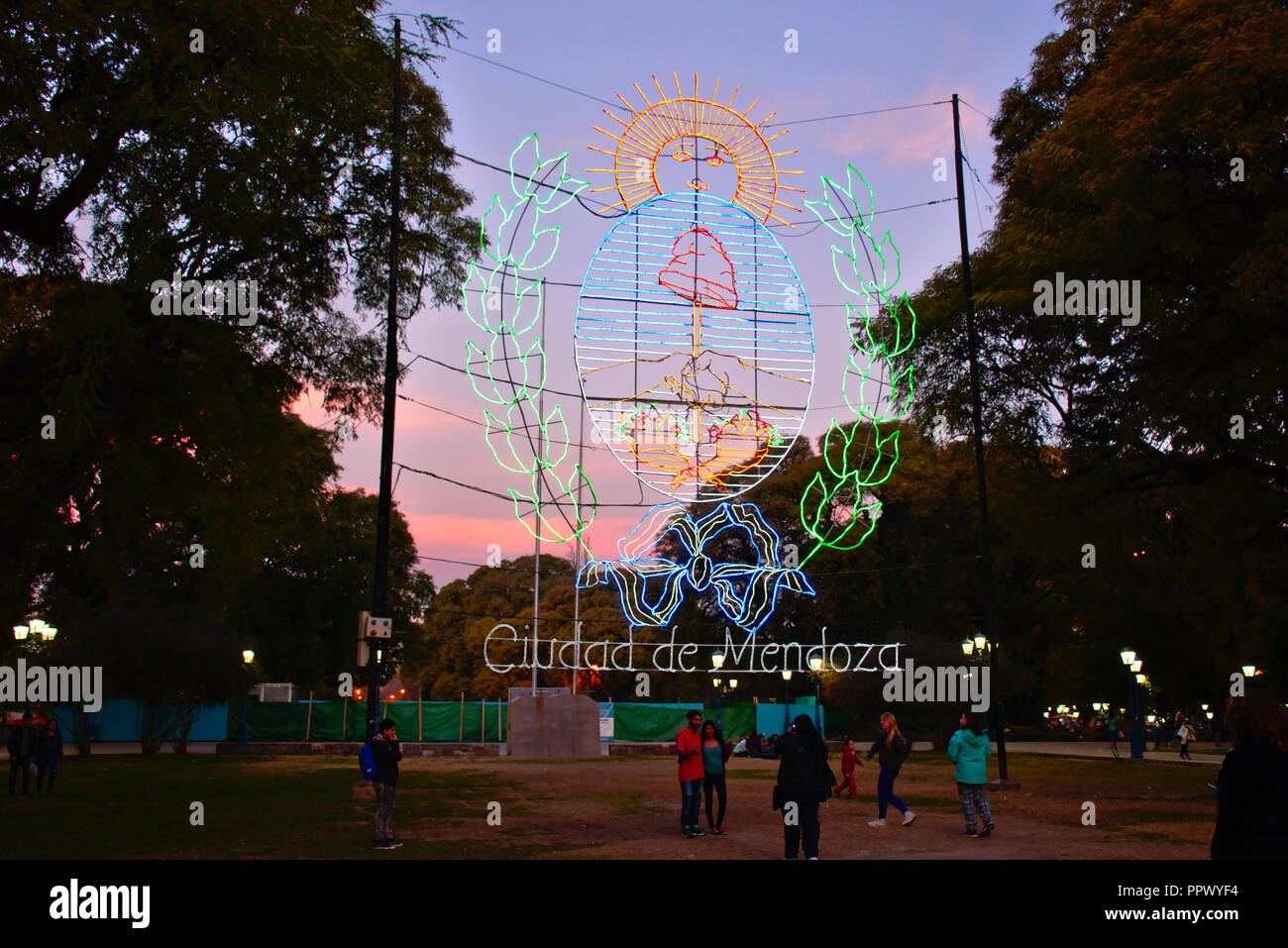 Argentinian Coat of Arms illuminated at Plaza Independencia - Mendoza ...