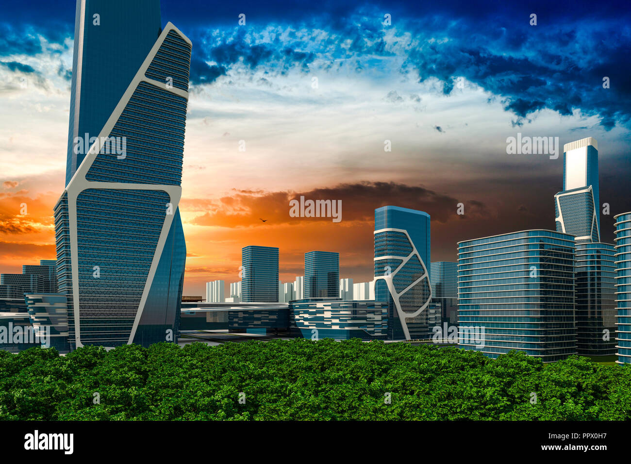 3d render of modern city with glass office buildings Stock Photo - Alamy
