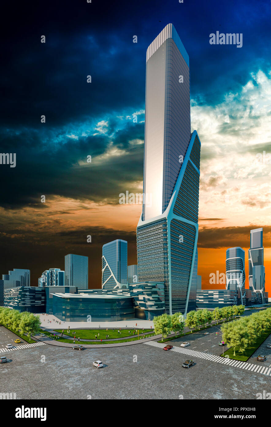 3d render of modern city with glass office buildings Stock Photo - Alamy