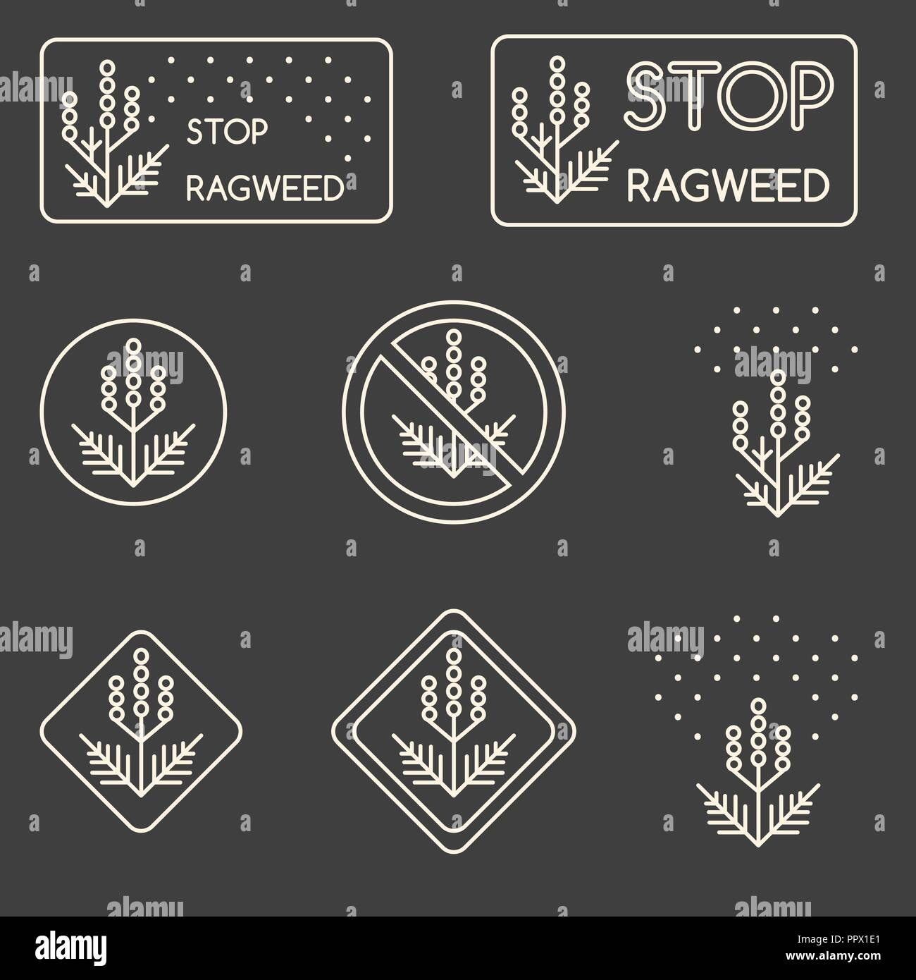 Set of minimalist linear signs about ragweed, dangerous weed, allergy ...