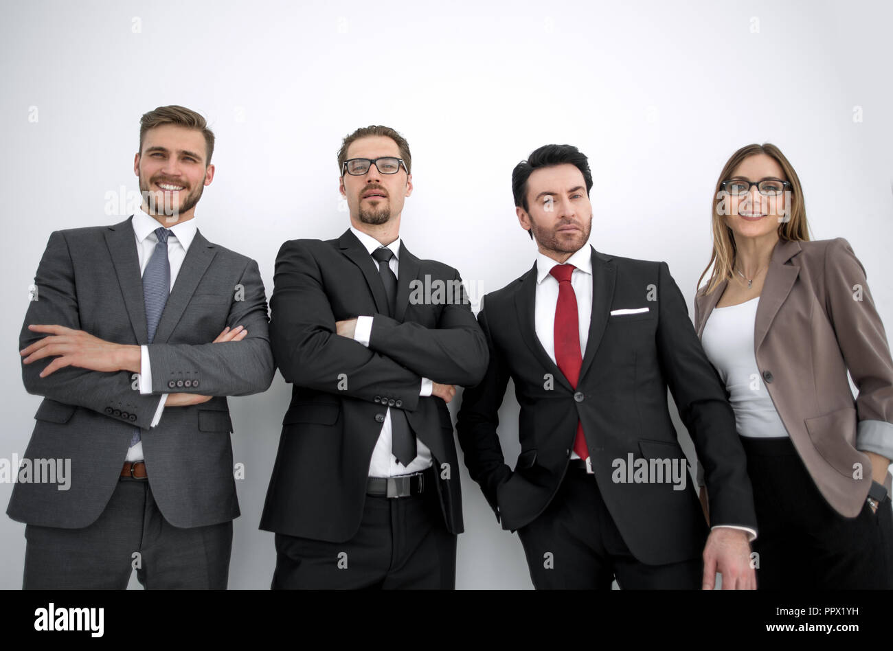 Trade Team standing together against a white background Stock Photo - Alamy
