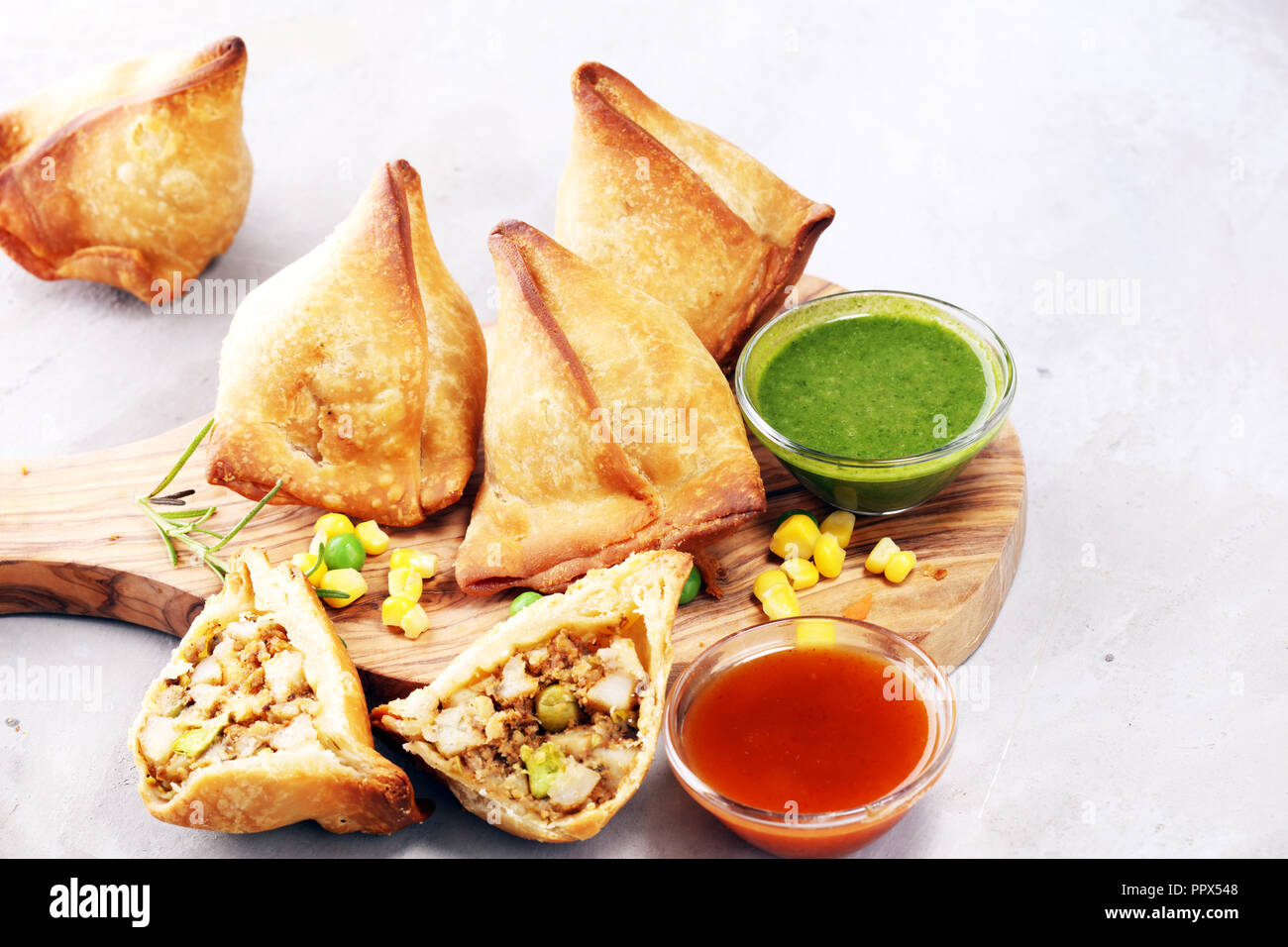 Vegetarian samsa or samosas.Indian special traditional street food ...