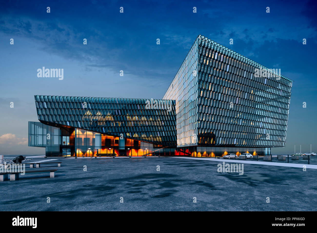 3d render, visualization of modern glass commercial building Stock ...