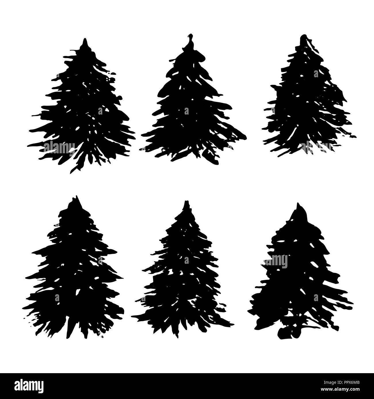Set of fir tree silhouettes. Black grunge Christmas tree collection ...