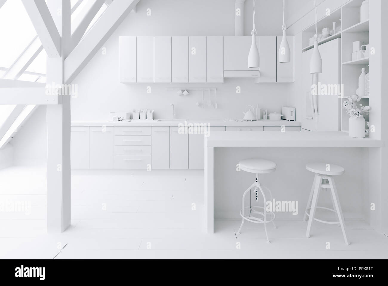 3d home interior, white render Stock Photo - Alamy