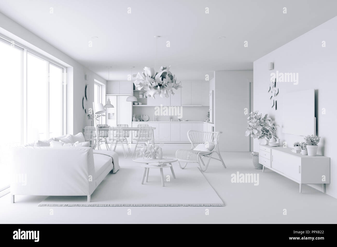3d home interior, white render Stock Photo - Alamy