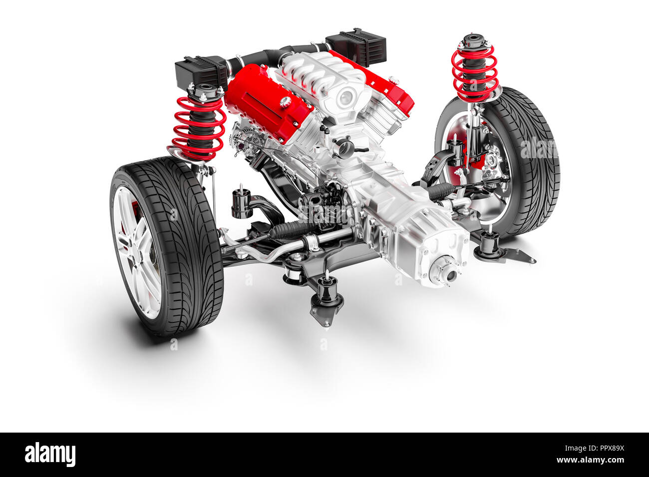 3d car chassis with motor, wheels and suspension, on white background ...