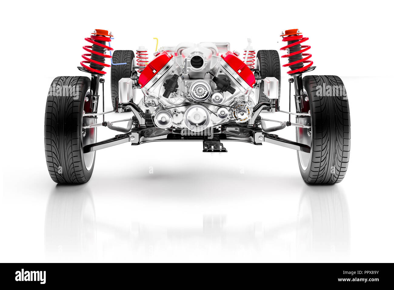 3d car chassis with motor, wheels and suspension, on white background ...