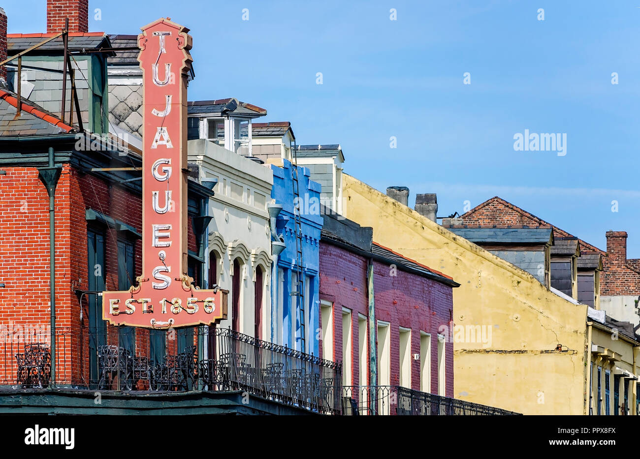 The Tujague's sign is erected alongside the balcony of the famous ...