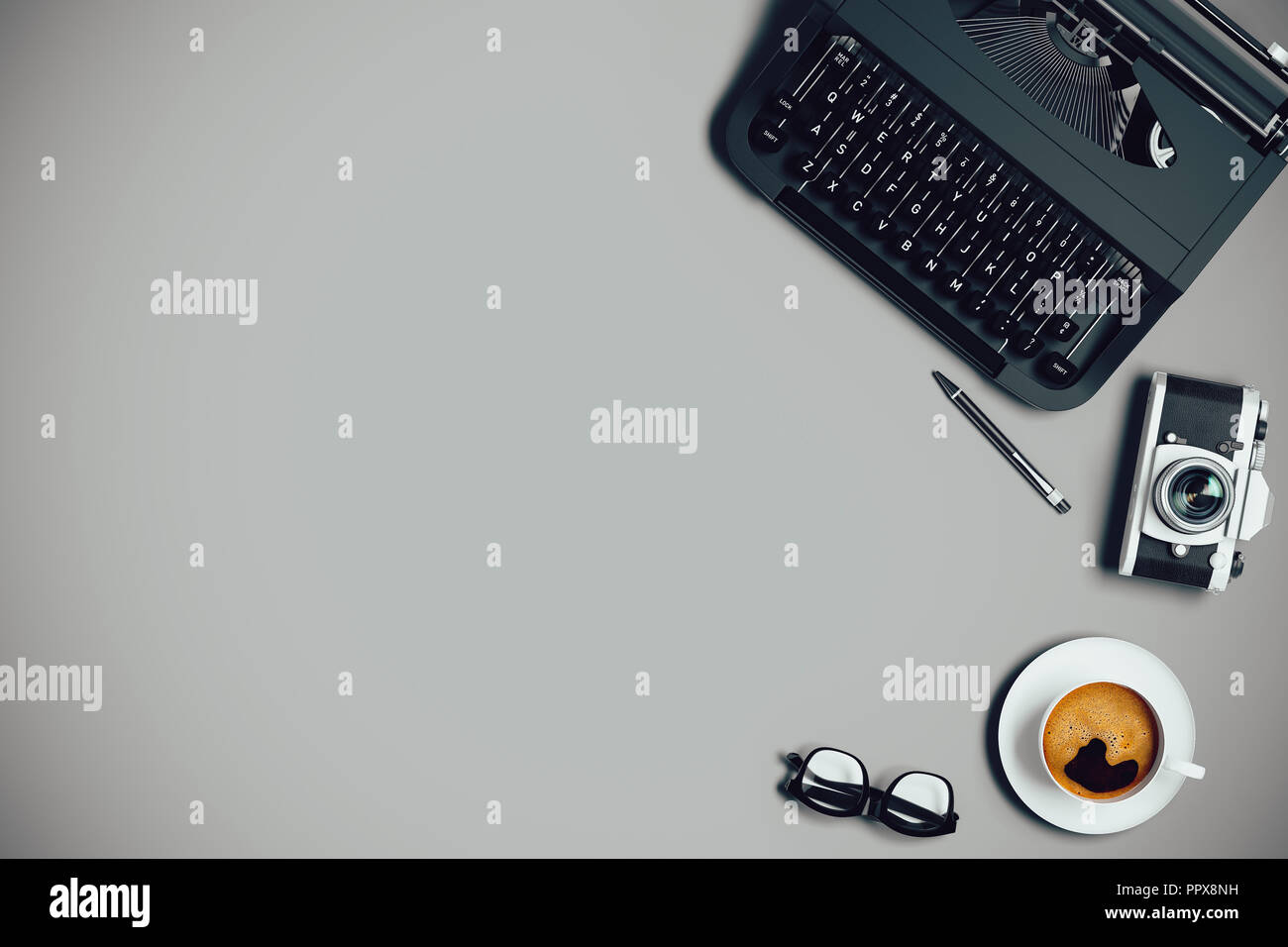 3d top view render of classic typewriter, workplace setup Stock Photo ...