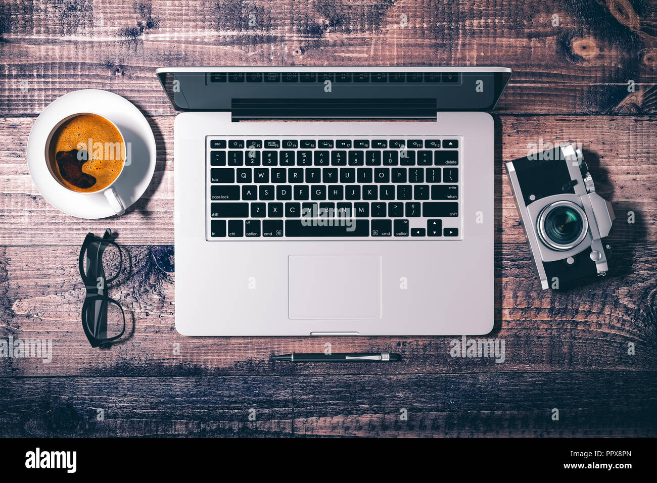 3d top view render of modern computer workplace Stock Photo - Alamy