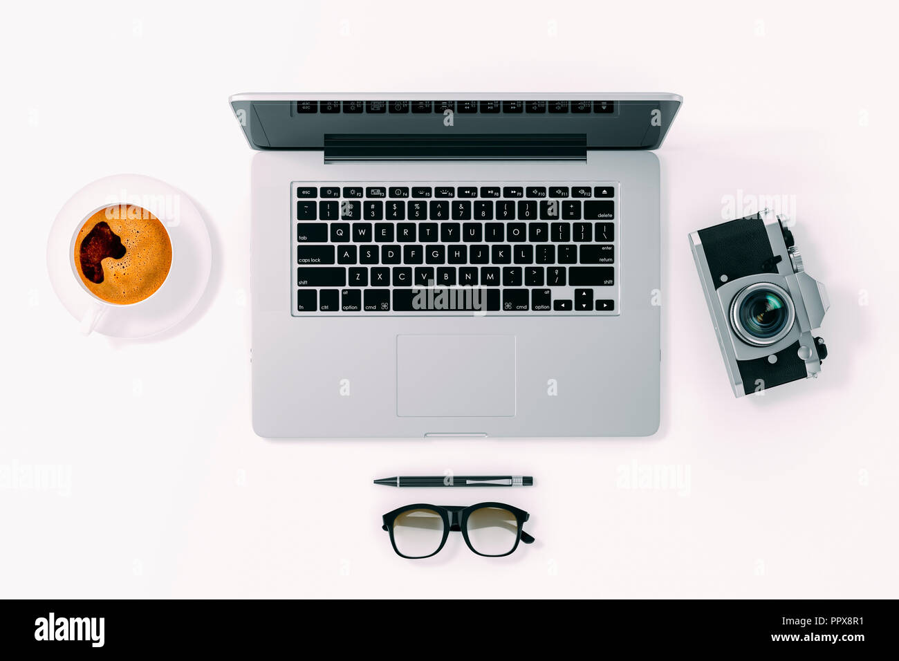 3d top view render of modern computer workplace Stock Photo - Alamy