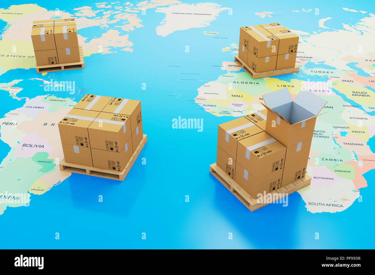 3d cardboard boxes and world map, global delivery shipping concept ...