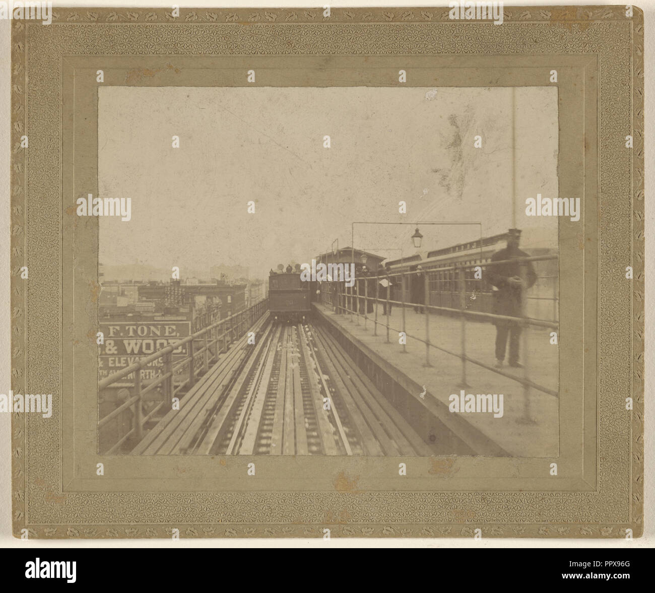 View of a train departing the station; about 1890; Gelatin silver print ...