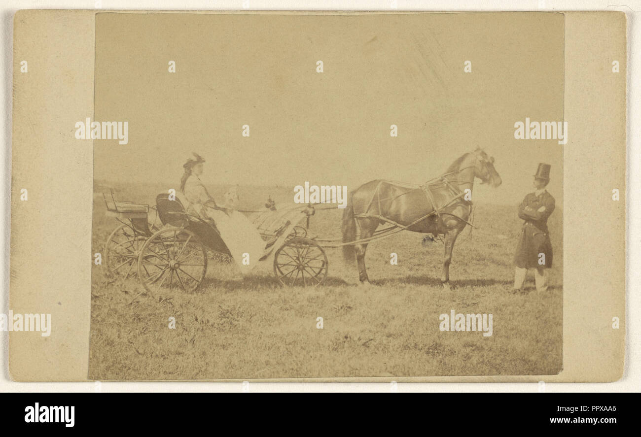 woman seated in a horse-drawn carriage, man in top hat, standing ...
