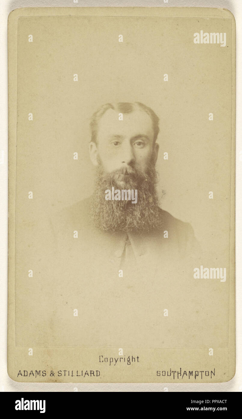 man with a long, square-cut beard, printed in vignette-style; Adams ...