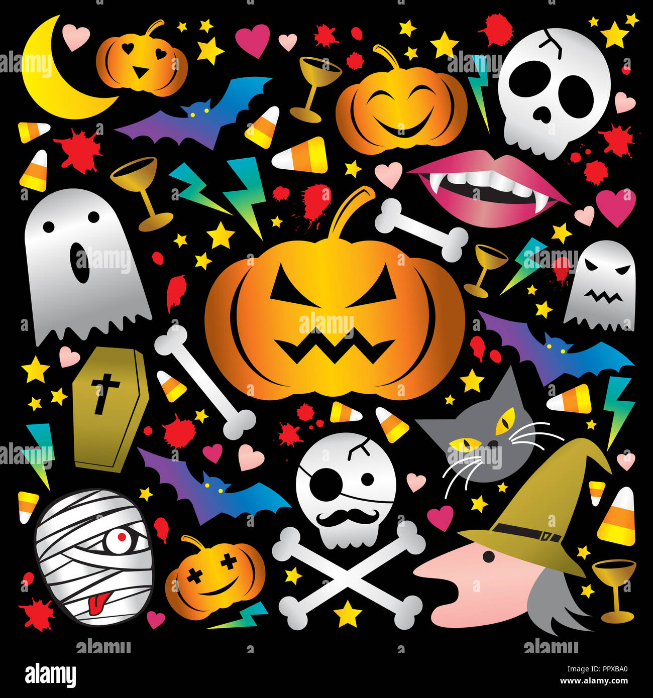 Halloween colorful cute vector. Pumpkin head, ghost, bat, mummy, pirate ...