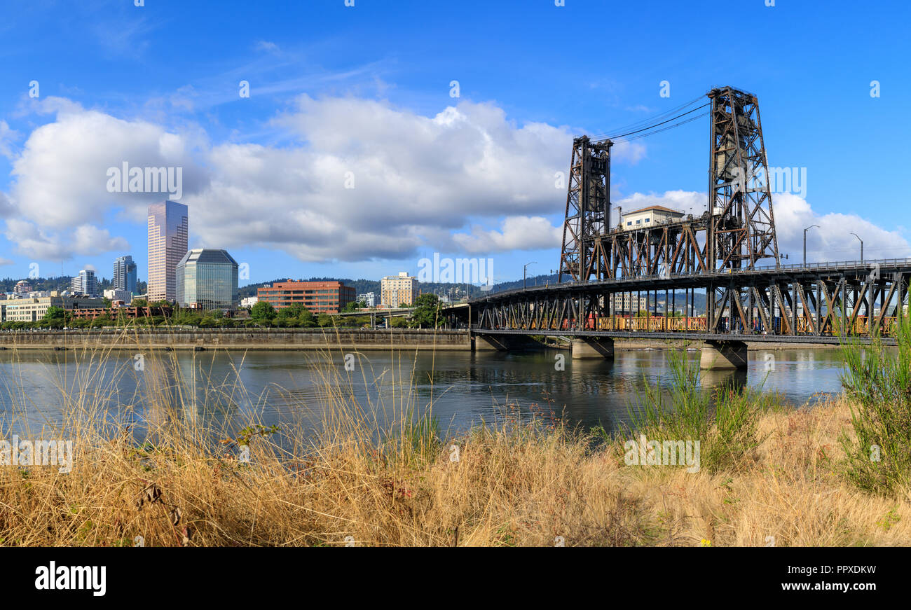 View of Portland Steel Bridge, overlooking the willamette river, United ...