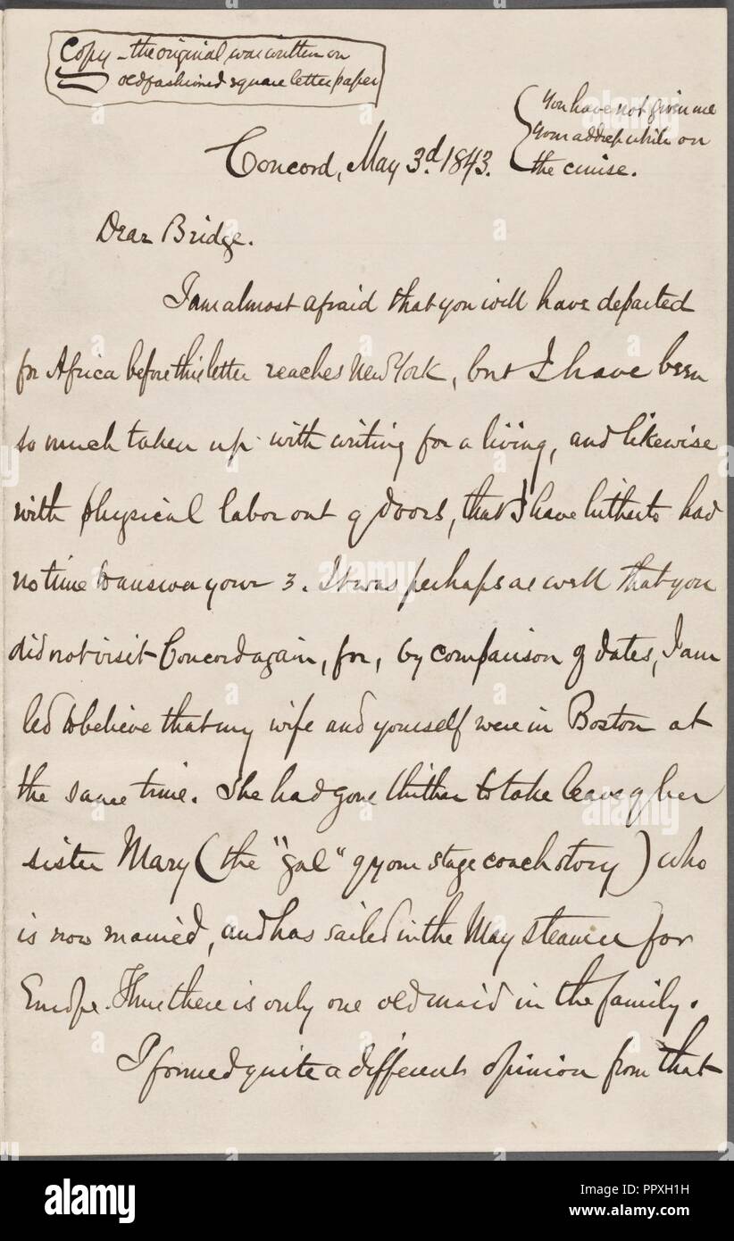 Bridge, Horatio, letter to. May 3, 1843. Copy in unknown hand ...