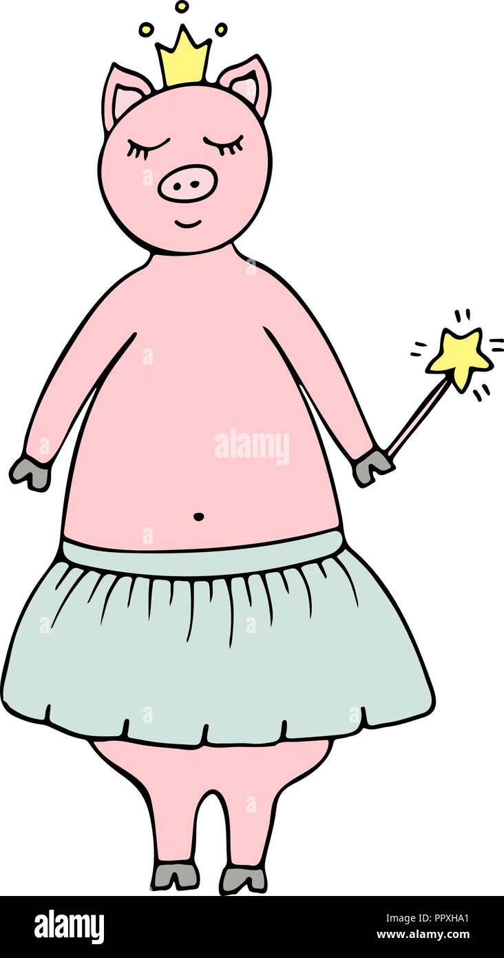 Vector hand-drawn illustration with a pig fairy in a crown and a magic ...