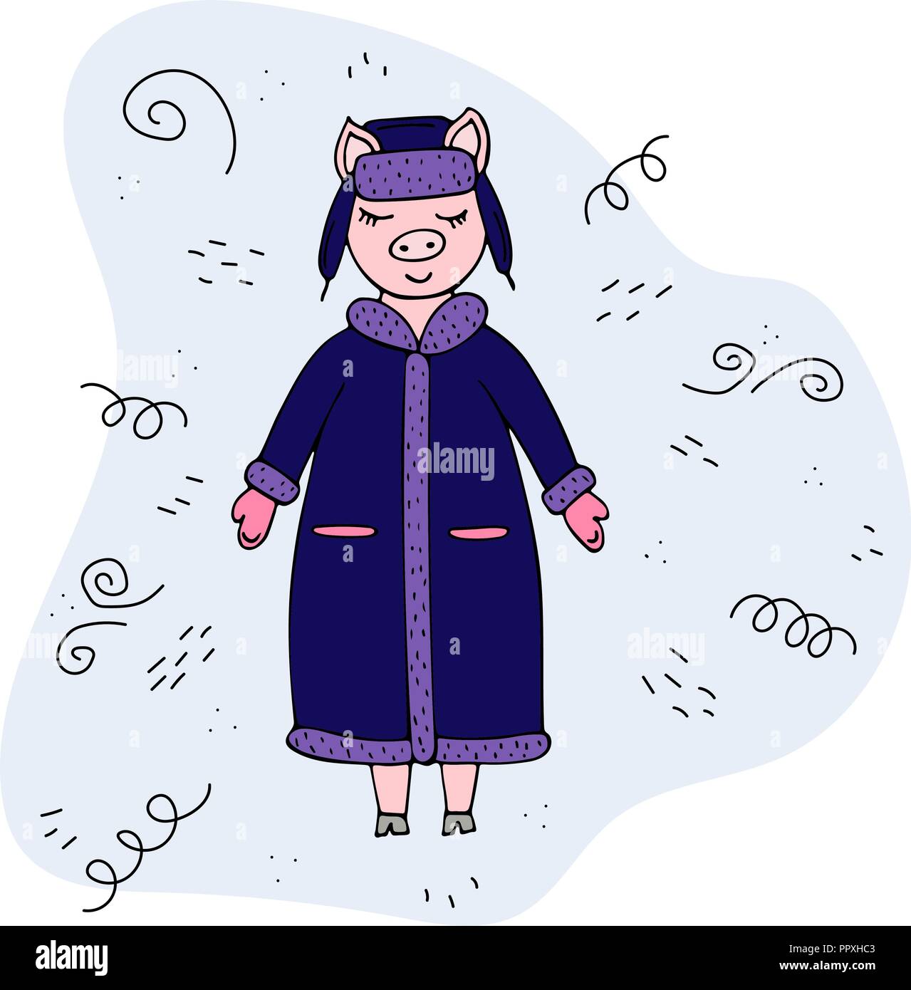 Hand-drawn vector pig in a winter coat and hat. Doodles Stock Vector ...