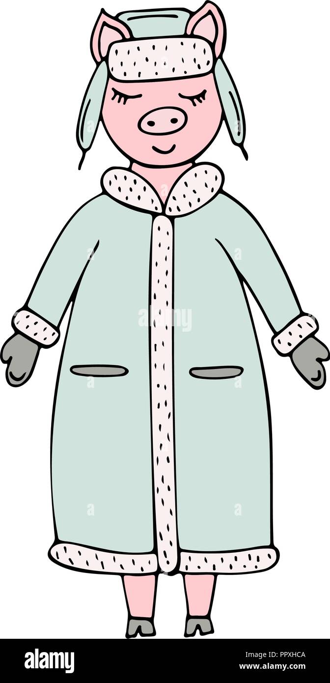Hand-drawn vector pig in a winter coat and hat Stock Vector Image & Art ...