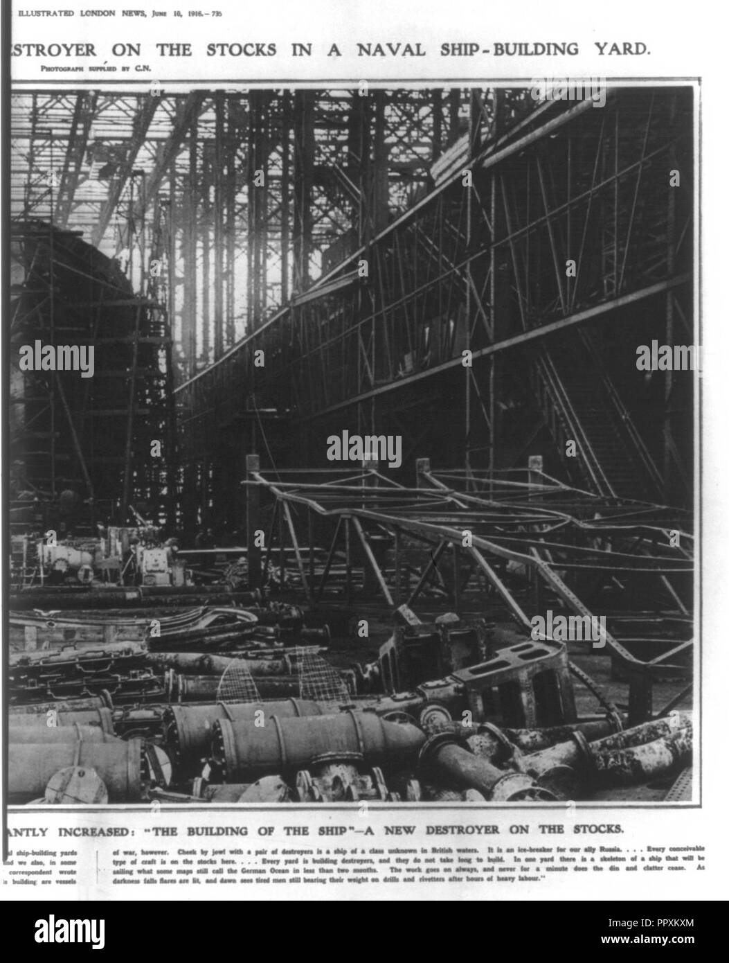 Britain's ever-growing Navy- a huge destroyer on the stocks in a naval ...