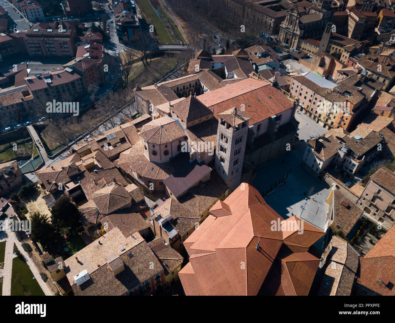 Views of houses and nature of ancient city Vic in Catalonia from high ...