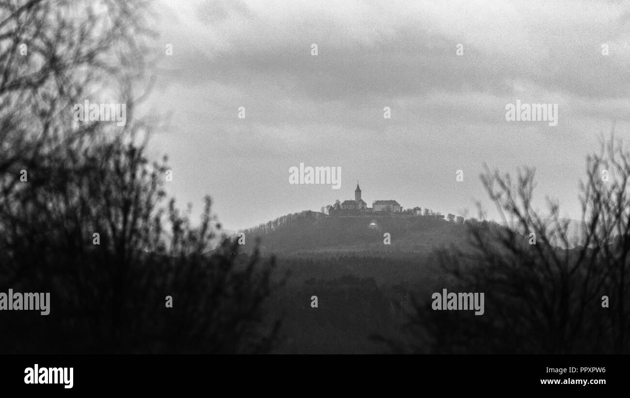 An old castle framed in branches in a noisy black and white photo Stock ...