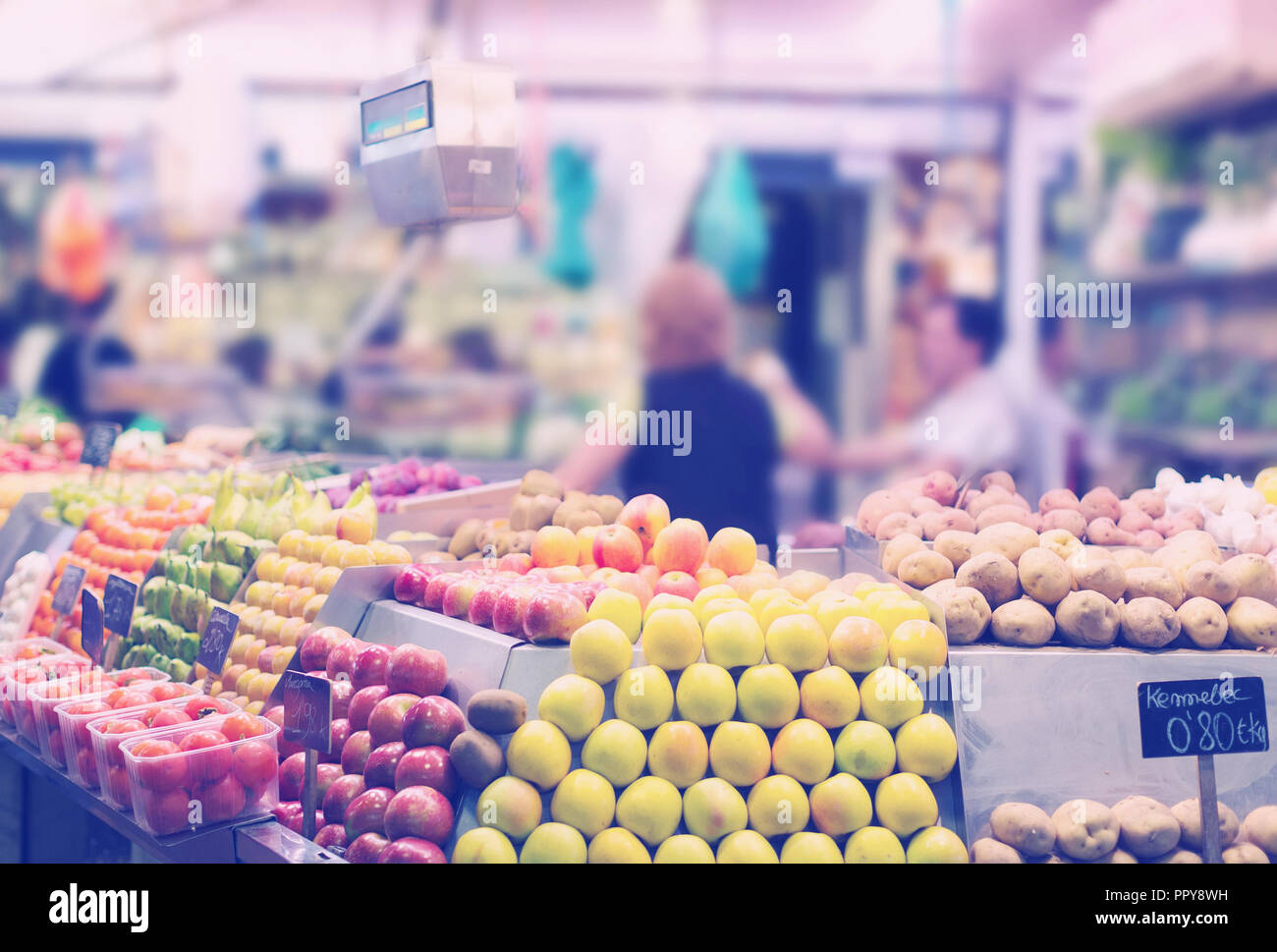 Fruits and vegetables on counter at european market Stock Photo - Alamy
