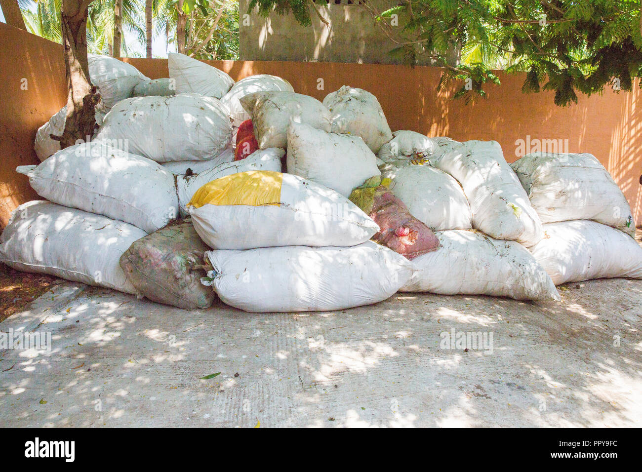 Big bags of waste plastic bottles and other types of plastic waste at ...