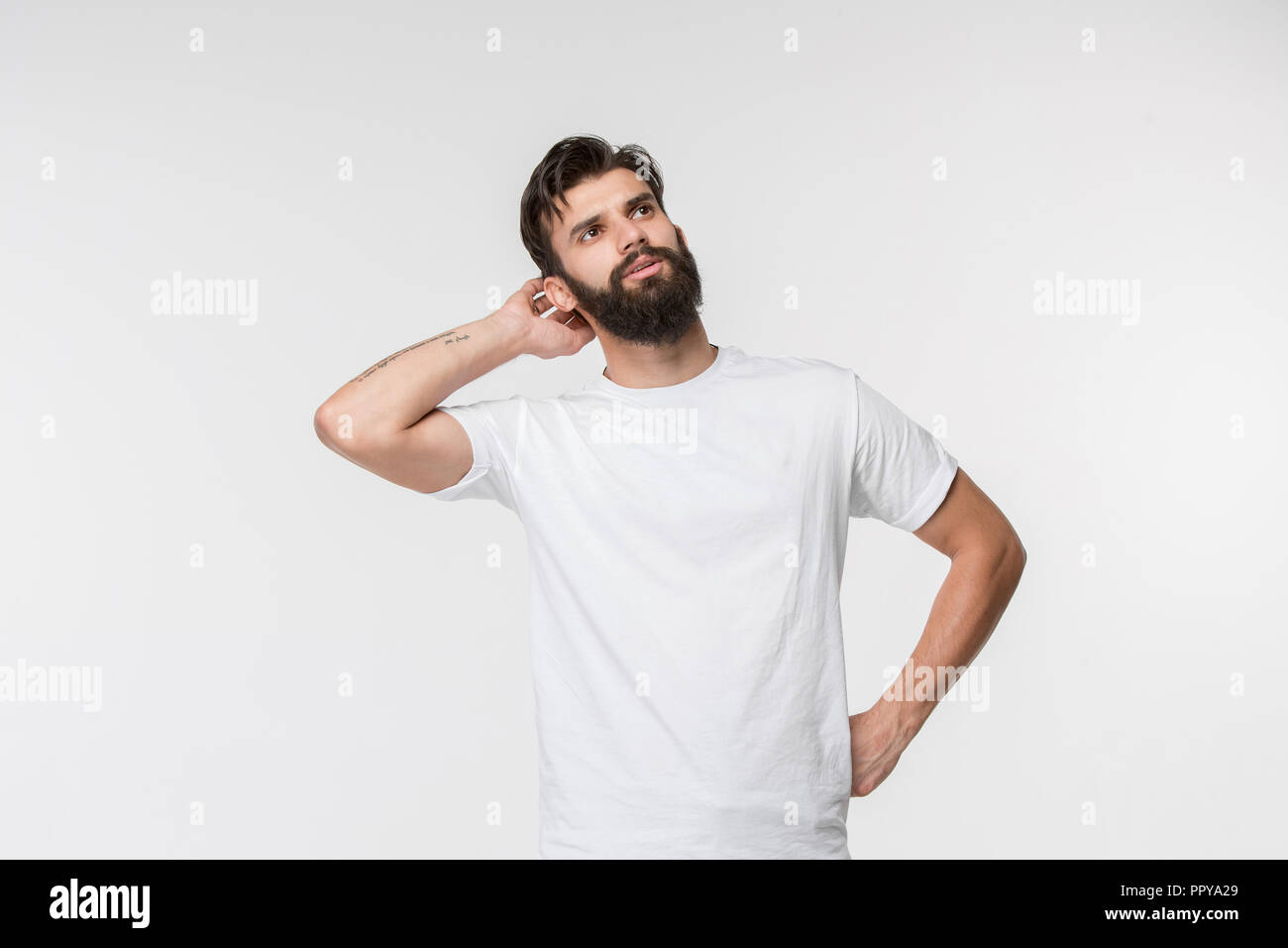 Remember all. Let me think. Doubt concept. Doubtful, thoughtful man ...