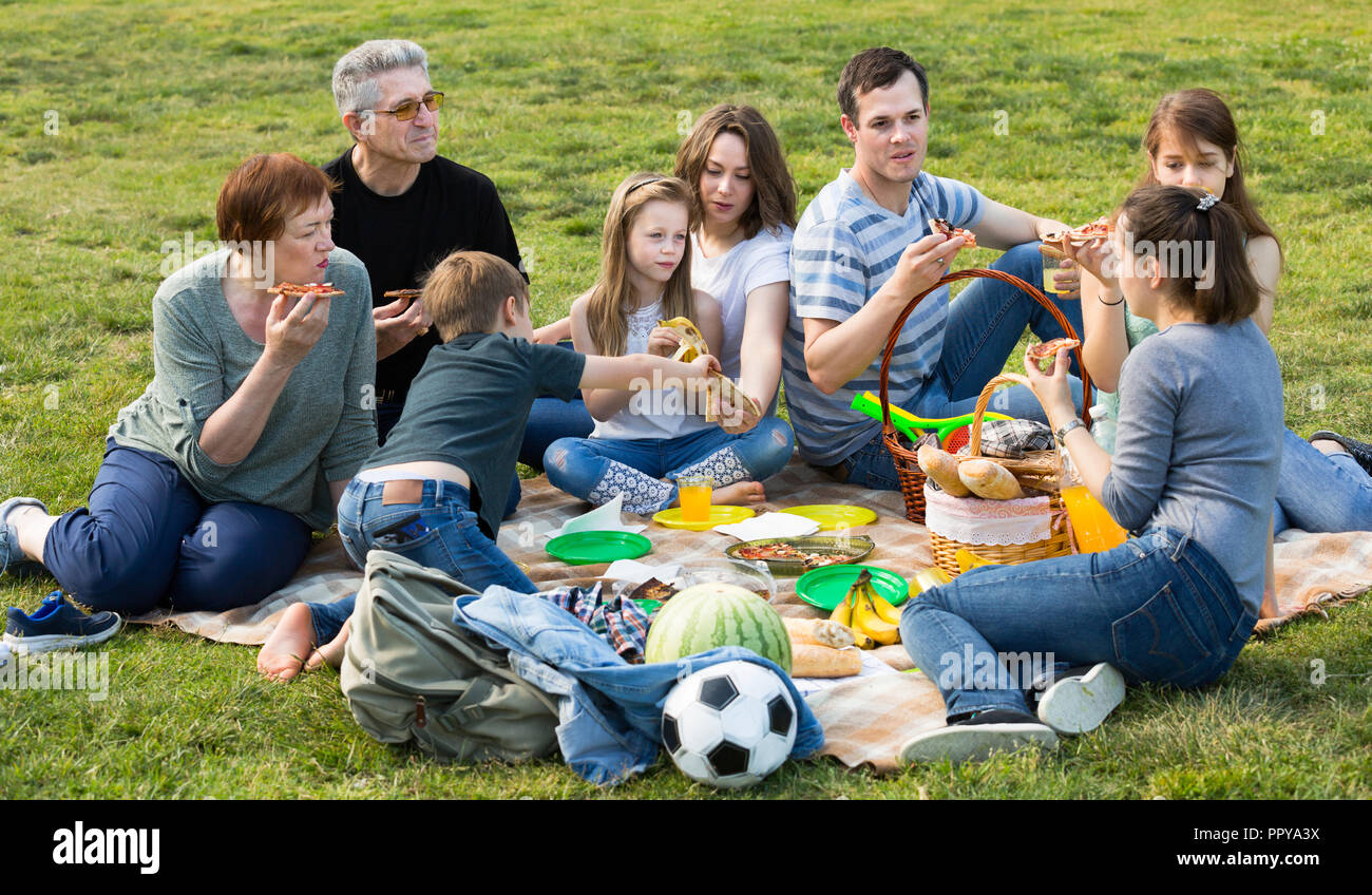 Friendly family of different ages sitting and talking on picnic Stock ...