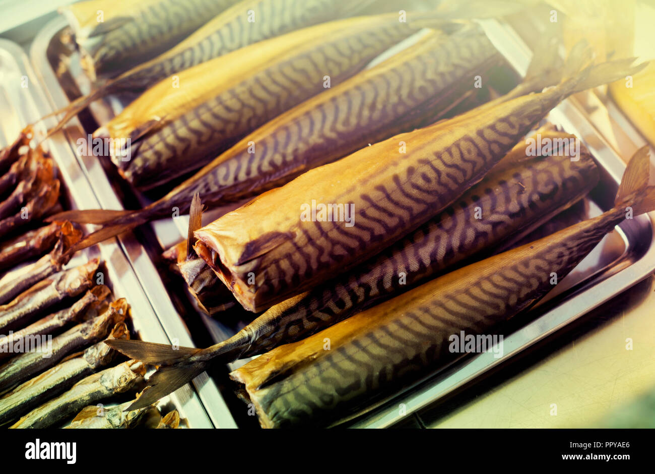 Trays with smoked fish in supermarket of Russian food Stock Photo - Alamy