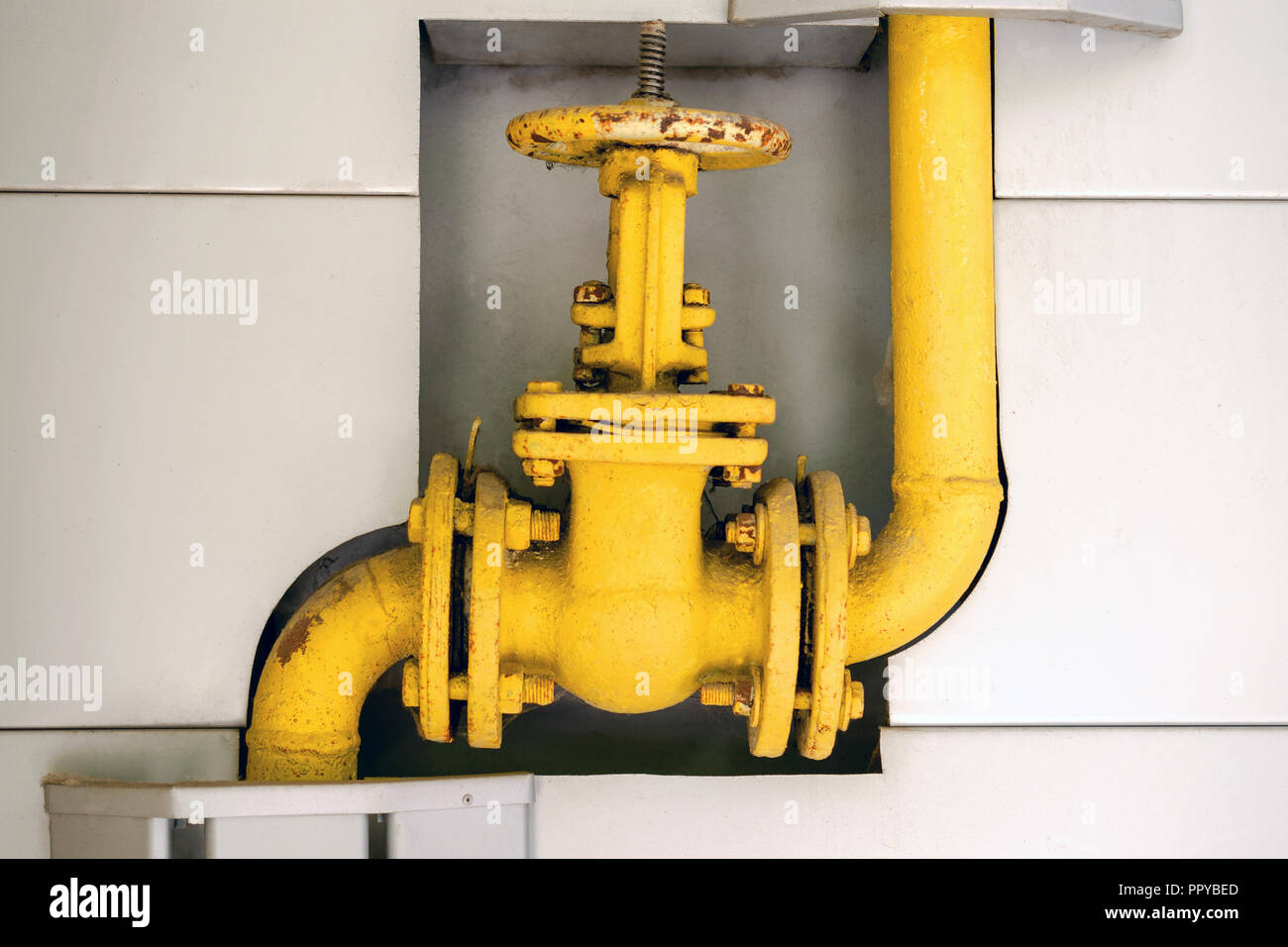 Old gas pipe valve to control gases entering the system. Close-up Stock ...