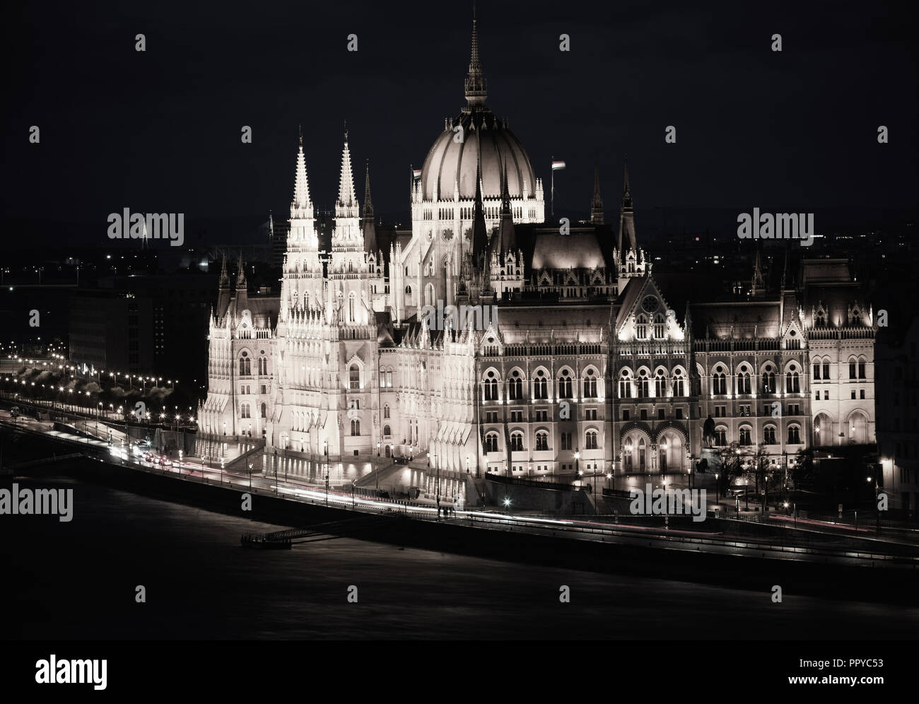 Image of building of Parliament in night illumination of Budapest of ...