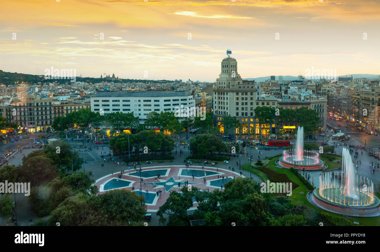 Panorama of evening Barcelona and its central Catalonia square Stock ...