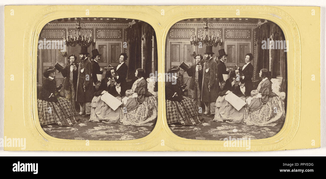 Parlor scene comprised of well-dressed people; about 1860; Hand-colored ...